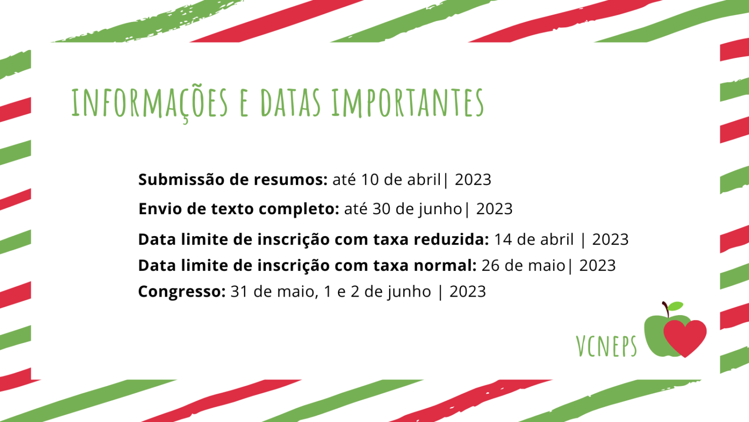 Datas Importantes – V Congresso Nacional de Educação para a Saúde